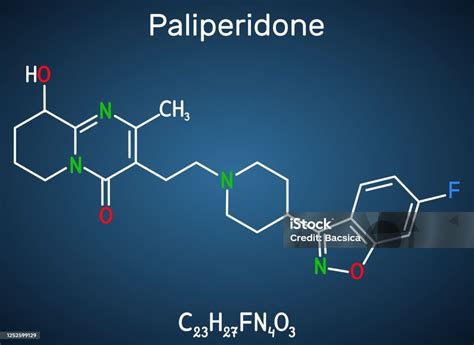 팔리페리돈 9하이드록시리세리돈 분자 그것은 정신 분열증의 치료에 사용되는 비정형 항 정신병 제입니다 짙은 파란색 배경의 구조적 화학 포뮬러 드로잉에 대한 스톡 벡터 아트 및