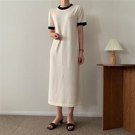 2572 여름원피스 반팔 배색 니트 롱 원피스 하객룩 검정원피스