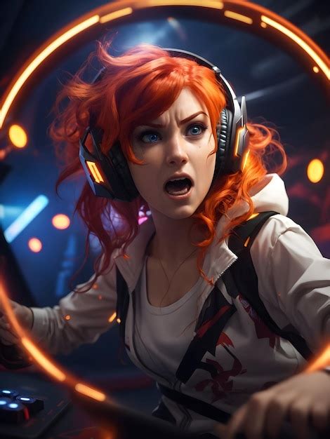 Premium Ai Image A Fieryhaired Gamer Girl With A Futurist Headse