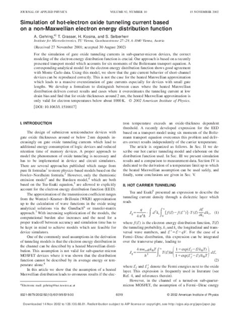 Pdf Simulation Of Hot Electron Oxide Tunneling Current Based On A Non Maxwellian Electron