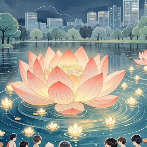成人ai数字艺术 城市公园湖面 巨型荷花灯绽放其中 岸边游人放水灯 倒影波光粼粼古风元宵插画简约卡通风儿童与成人夏日游玩场景插画 Ai平面元素免费下载png格式768像素编号