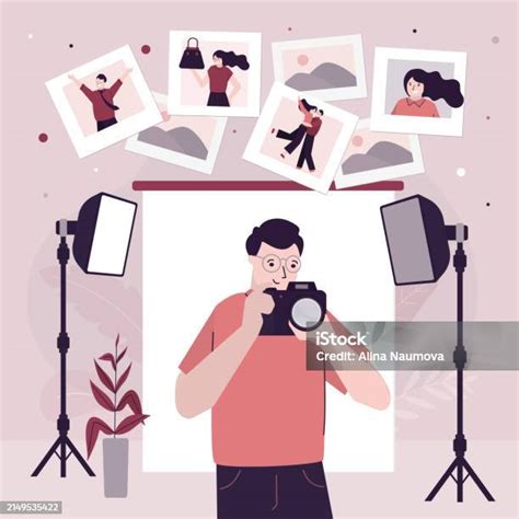 사진을 찍는 사진 작가 남자 사진 장비 액세서리 라이트 박스 및 반사판이 있는 스튜디오 인테리어 카메라를 든 남성 캐릭터 스튜디오 촬영 개념에 대한 스톡 벡터 아트 및 기타