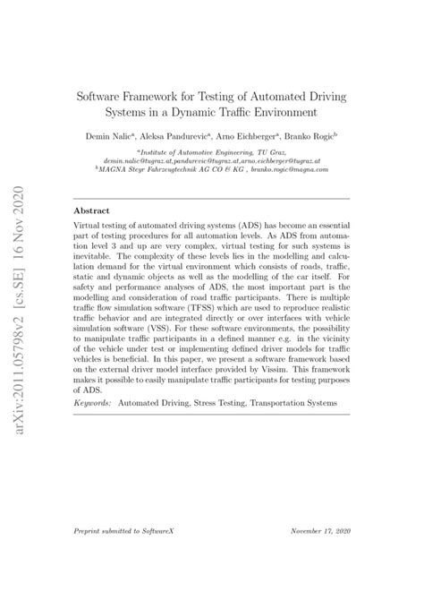 Software Framework For Testing Of Automated Driving Systems In A Dynamic Traffic Environment