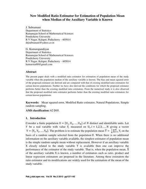 Pdf A New Modified Ratio Estimator For Estimation Of Population Mean