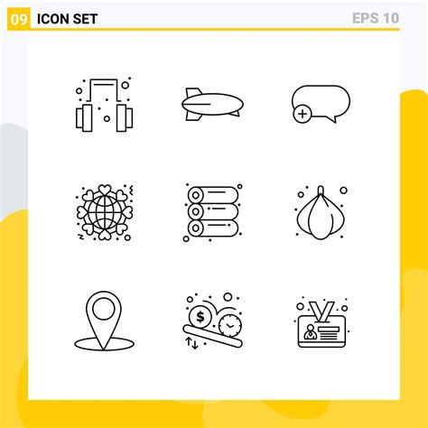 Modern Set Of 9 Outlines Pictograph Of Offset World Comment Love Heart Editable Vector Design