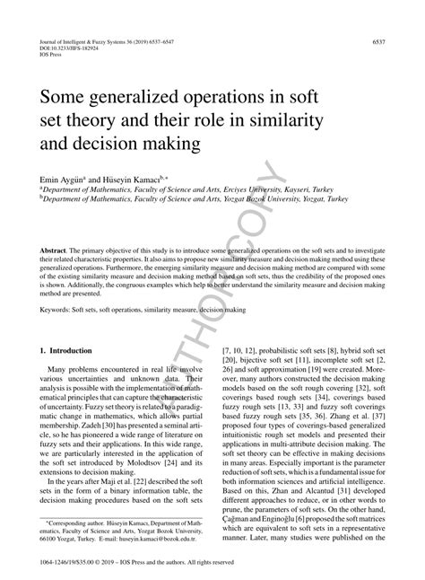 Pdf Some Generalized Operations In Soft Set Theory And Their Role In Similarity And Decision