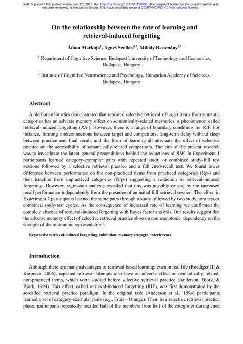 Pdf On The Relationship Between The Rate Of Learning And Retrieval Induced Forgetting