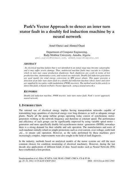 Pdf Parks Vector Approach To Detect An Inter Turn Stator Fault In A Doubly Fed Induction