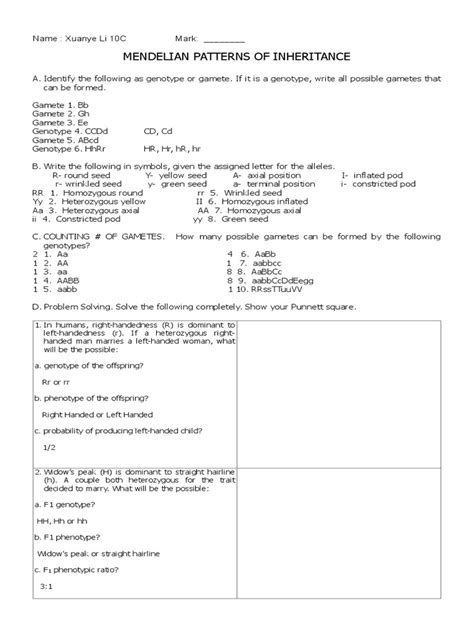 Worksheet On Mendelian Patterns Of Inheritance Pdf Genotype Zygosity