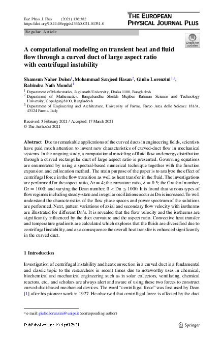 Pdf A Computational Modeling On Transient Heat And Fluid Flow Through A Curved Duct Of Large