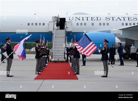 First Lady Jill Biden Waves As She Arrives At M R Stefanik Airport In Bratislava Slovakia