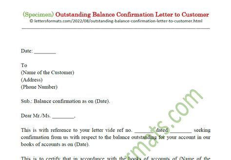 Outstanding Balance Confirmation Letter To The Customer