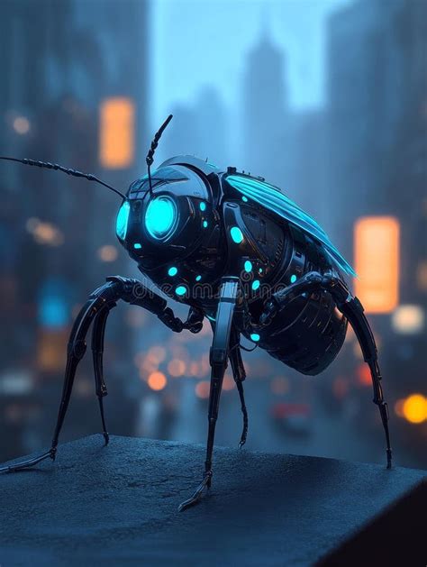 Cybernetic Insect In Cityscape Futuristic Insect Robot Glowing Lights Urban Background