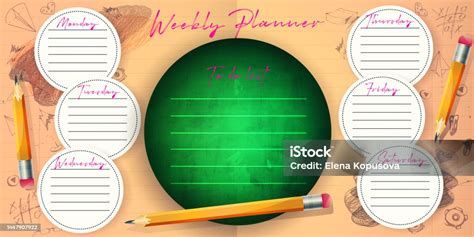 주간 일기 학교 스타일의 디자인 계획 연필로 추상적인 색종이 배경에 칠판이 있는 주간 할 일 목록 교육에 대한 스톡 벡터 아트