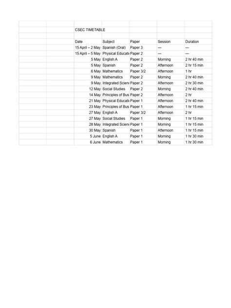 Csec Timetable Pdf