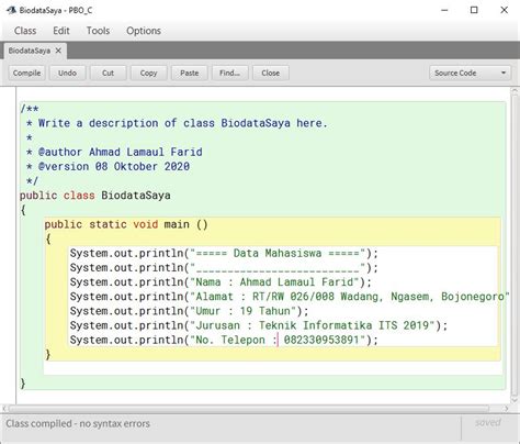 PBO TUGAS Program Membuat Biodata Sederhana Mahasiswa Dengan Bahasa Pemrograman JAVA