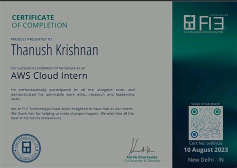 Thanush Krishnan On Linkedin Successfully Completed My Aws Cloud Internship At F13 Technologies…