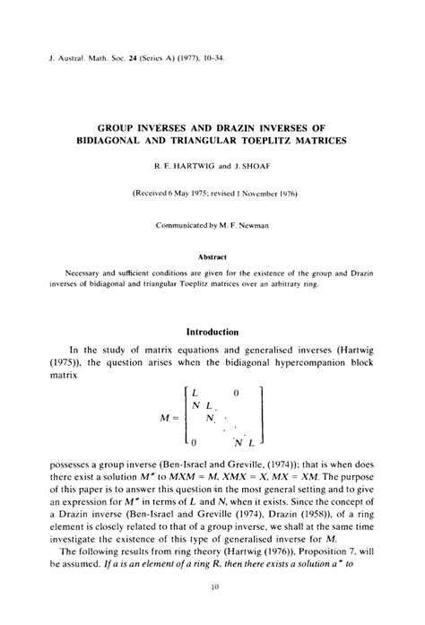 Pdf Group Inverses And Drazin Inverses Of Bidiagonal And Triangular Toeplitz Matrices