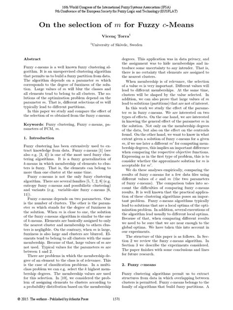 On The Selection Of M For Fuzzy C Means Pdf Cluster Analysis Fuzzy Logic