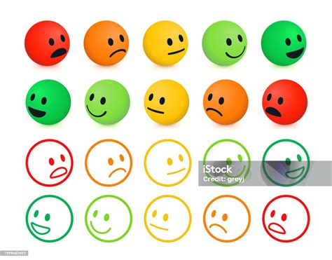 만족도의 등급 및 순위 수준 감정을 묘사하는 등각 투영 라운드 얼굴 우수 좋은 정상 나쁜 끔찍한 5가지 개체에 대한 스톡 벡터