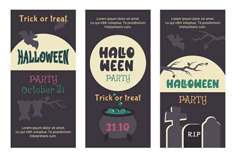 즐거운 할로윈 보내세요 세로 전단지 포스터 초대장 세트 손으로 그린 캐릭터 요소를 낙서합니다 달 박쥐의 실루엣 무덤 으스스한 묘지 죽은 자의 가을 휴가 벡터 만화 그림 0