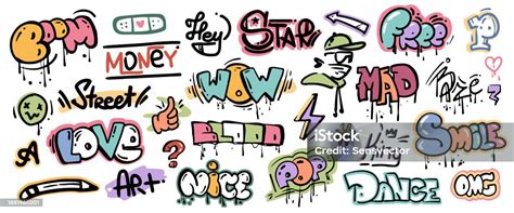도시의 거리 예술과 슬로건과 글자 이모티콘과 문구가 있는 그래피티 벽에 페인트로 만든 벡터 드로잉 벽화 및 예술가의 자기 표현