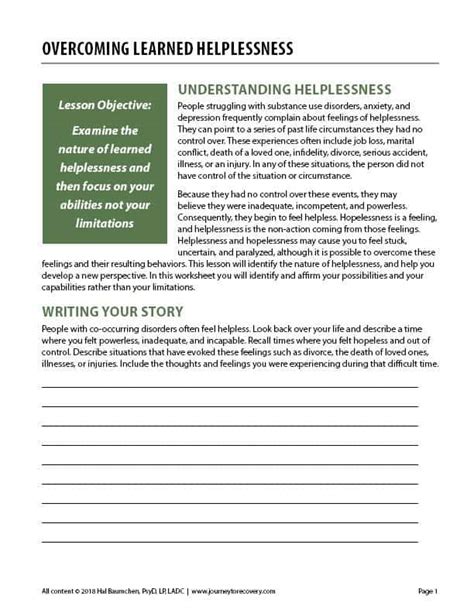 Overcoming Learned Helplessness Cod Worksheet Journey To Recovery
