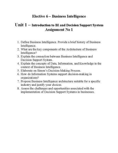 Bi Unit 2 Assignment Elective 6 Business Intelligence Unit 2