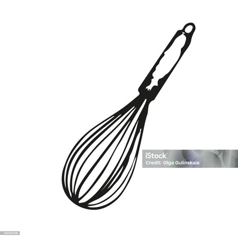 털 벡터로 렌더링된 주방 장비입니다 반죽과 크림을 휘젓기 위한 거품기로 혼합을 위해 검은색 윤곽선으로 그려져 있습니다 주방