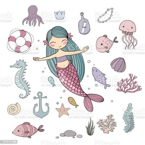 해양 그림을 설정합니다 작은 귀여운 만화 인 어 재미 있는 물고기 불가사리 메모 조류 다양 한 조개와 병 바다 테마입니다 0명에 대한 스톡 벡터 아트 및 기타 이미지