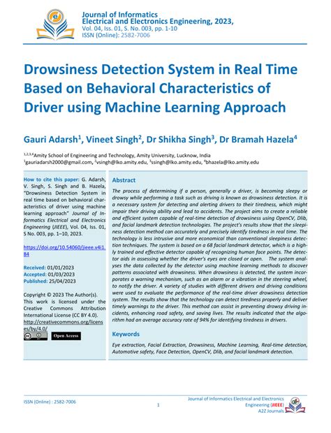PDF Drowsiness Detection System In Real Time Based On Behavioral Characteristics Of Driver