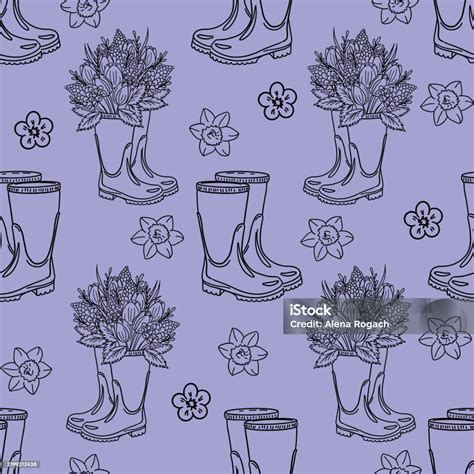 봄 꽃 튤립 수선화의 꽃다발이 달린 고무 장화 손으로 그린 윤곽선 색칠 보라색 배경에 검은 낙서 패턴입니다 개화기에 대한 스톡 벡터 아트 및 기타 이미지 Istock