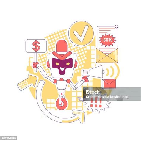 스팸 봇 씬 라인 컨셉 벡터 일러스트레이션 원치 않는 광고 뉴스 레터 웹 디자인에 대한 나쁜 Ai 로봇 2d 만화 캐릭터 광고 메일 자동 전송 소프트웨어 크리에이티브