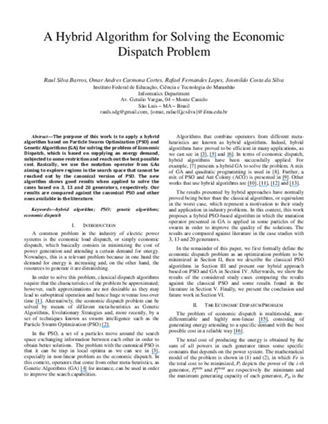 Pdf A Hybrid Algorithm For Solving The Economic Dispatch Problem