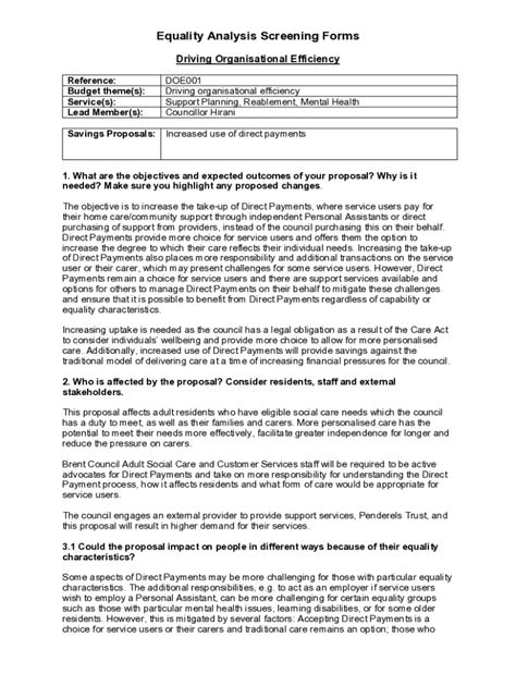 Fillable Online Equality Analysis Screening Forms Fax Email Print Pdffiller