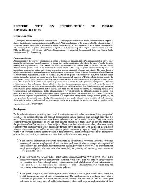 Lecture Note On Introduction To Public Administration Pdf Public