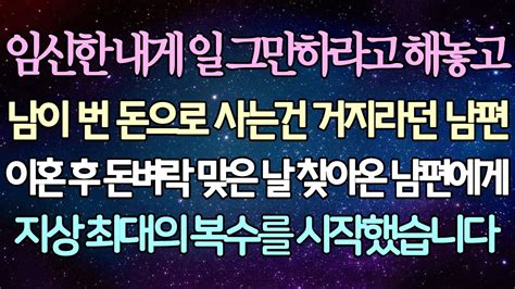 반전 사연 임신한 내게 일 그만하라고 해놓고 남이 번 돈으로 사는건 거지라던 남편 이혼후 돈벼락 맞은 날 찾아온 남편에게 지상 최대의 복수를 시작했습니다사이다사연