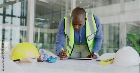 Architect Tablet Drawing Or Black Man Planning Infrastructure Design Floor Plan Or Property