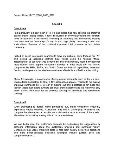 Tut 2 Tutorial 2 Assignment Subject Code Mktg200012023sm