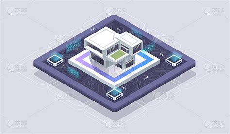 智能家居控制概念。楼宇自动化与计算机联网图解。现代等距插图。