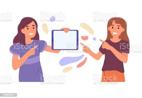 빈 카드를 가리키는 만화 소녀 제품을 제시하는 여성 캐릭터 텍스트 또는 제품 벡터 일러스트레이션을 보여주고 가리키고 소개하는 여성 검지 손가락으로 가리키기 Brand