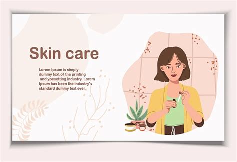 스킨 케어 개념입니다 방문 페이지 템플릿 여자는 얼굴 피부 기름이 떨어지는 화장품 스파 절차를 수행합니다 아침 루틴 유기농 제품 평면 만화 스타일의 벡터 그림입니다 패션에