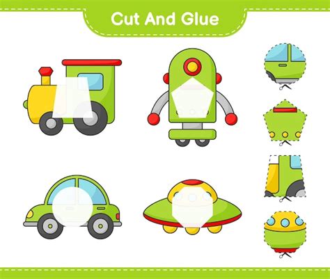 기차 로봇 캐릭터 자동차 Ufo의 잘라낸 부분을 자르고 붙이고 붙입니다 교육용 어린이 게임 프리미엄 벡터