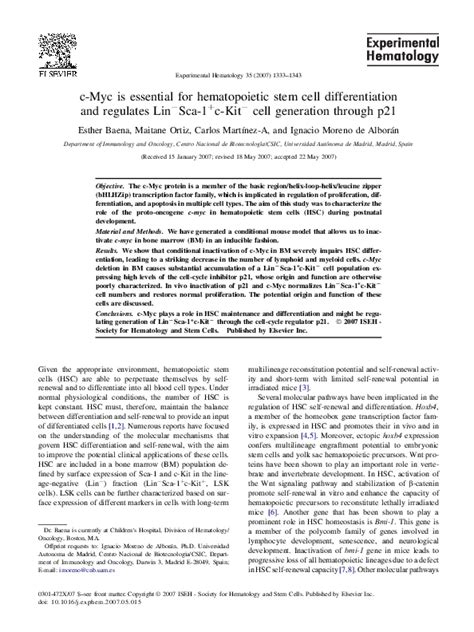 Pdf C Myc Is Essential For Hematopoietic Stem Cell Differentiation And Regulates Lin−sca 1 C