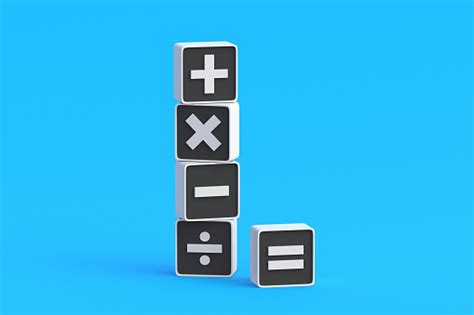 경제학 버튼에 수학 기호가 쌓여 있습니다 더하기 빼기 곱하기 나누기 및 같음 기본 수학 기호 초등 교육 재무 감사 통계 데이터 3d 렌더링 3차원 형태에 대한 스톡 사진 및
