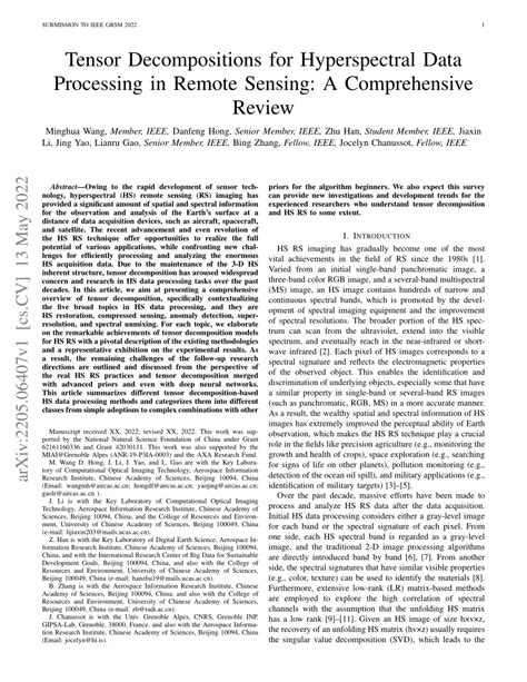 Pdf Tensor Decompositions For Hyperspectral Data Processing In Remote Sensing A Comprehensive
