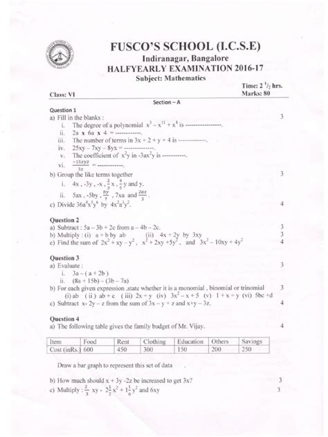 Icse Class 6 Maths Half Yearly Model Exam Pdf