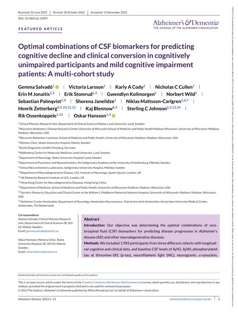 Pdf Optimal Combinations Of Csf Biomarkers For Predicting Cognitive Decline And Clinical