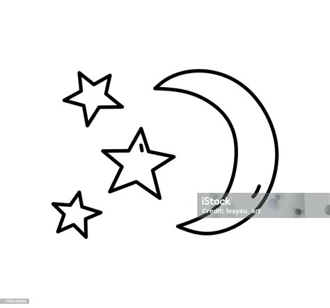 초승달과 별들은 하얀 배경에 고립되어 있다 낙서 스타일의 벡터 손으로 그린 그림입니다 카드 장식 로고 다양한 디자인에 적합합니다 0명에 대한 스톡 벡터 아트 및 기타 이미지