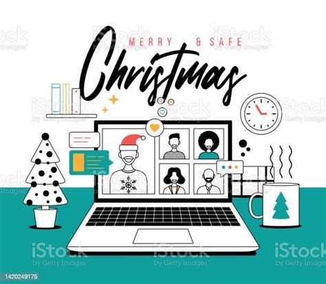 개요 스타일의 크리스마스 온라인 인사말 가족이나 친구와 함께 온라인으로 만나는 사람들은 랩톱 가상 토론에서 화상 통화를합니다 Xmas에서 화상 회의를 통해 만나는 사람들의